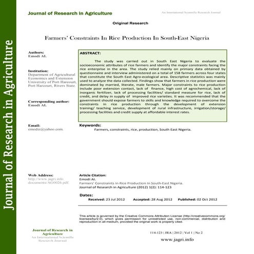 Farmers’ constraints in rice production in South-East Nigeria | PDF
