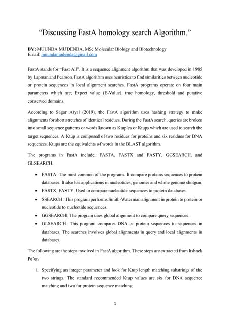 Fasta : steps, features, algorithm, result etc. | PPT