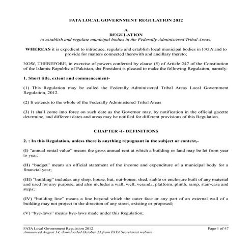 Draft #2 FATA Local Government Regulation (August 2012, FATA ...