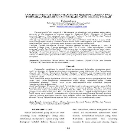 ANALISIS INVESTASI PERGANTIAN WATER METER PELANGGAN PADA PERUSAHAAN DAERAH AIR MINUM KABUPATEN ...
