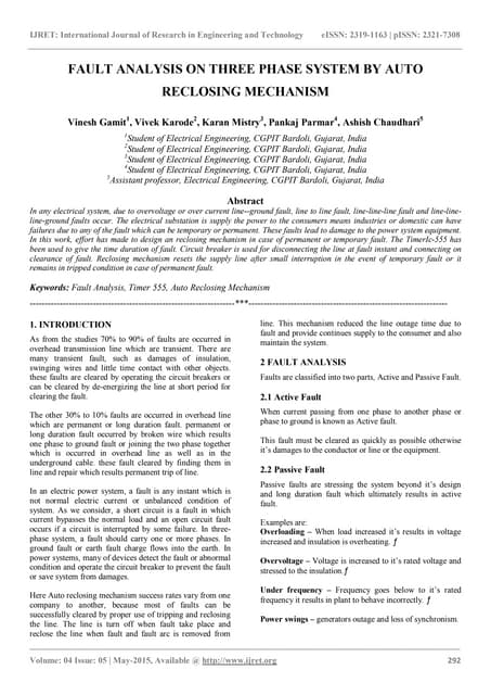 Circuit Explanation Of Three Phase Fault Analysis With Auto Reset For Temporary Fault And Trip