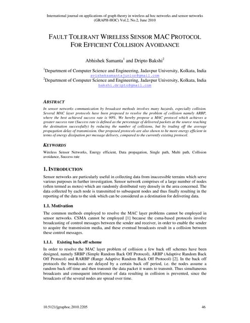 Fault Tolerant Wireless Sensor Mac Protocol For Efficient Collision Avoidance Pdf