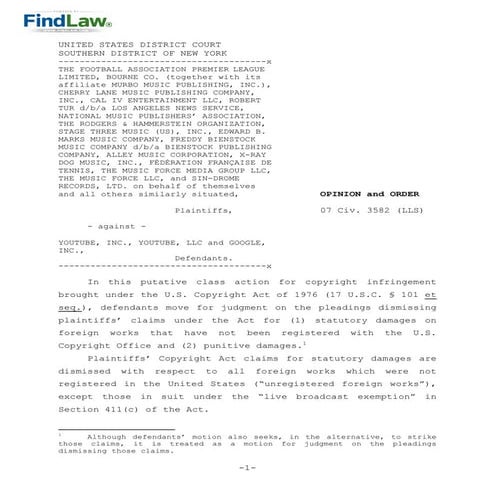 FindLaw | YouTube Copyright Infringement Case Opinion | PDF