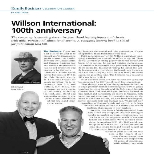Willson's 100th Featured in Family Business | PDF