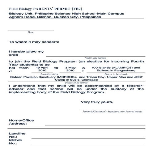 Fb2 parents permit fb2010 | DOC