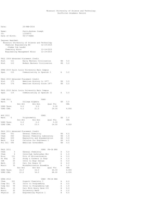 unofficial transcript | PDF