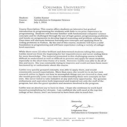 Columbia CS Letter of Recommendation 070116 | PDF