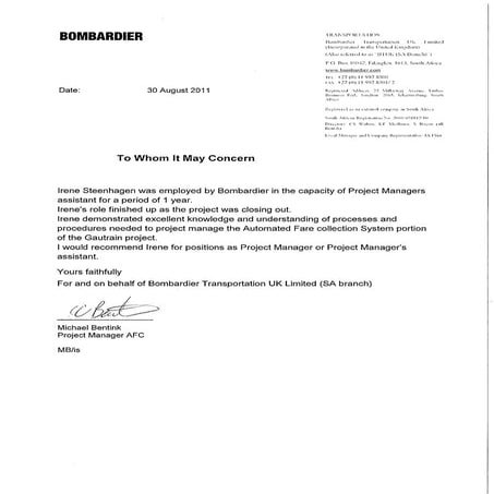 Reference letter Bombardier SA | PDF