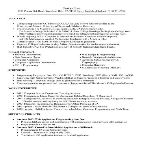 JustynLeeResumeNov2015 | PDF | Programming Languages | Computing