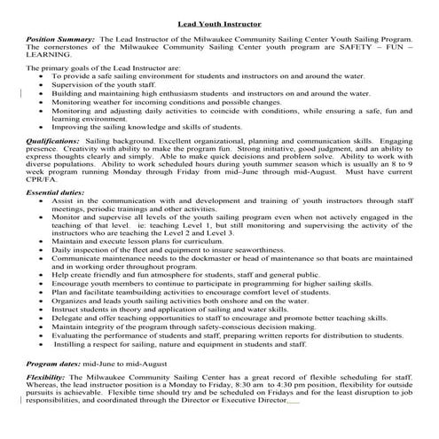 Lead Youth Instructor job description | DOC