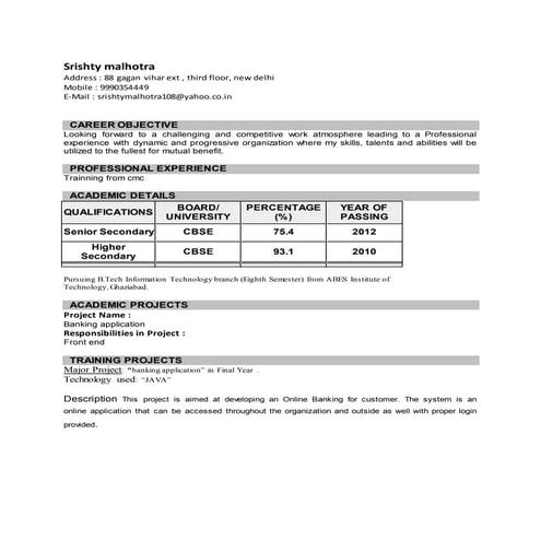srishty resume | DOCX