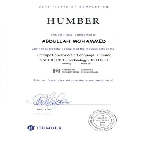 humber Certificate | PDF