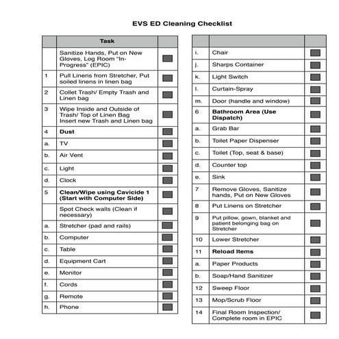 EVS ED 1 Page Cleaning Checklist | PDF