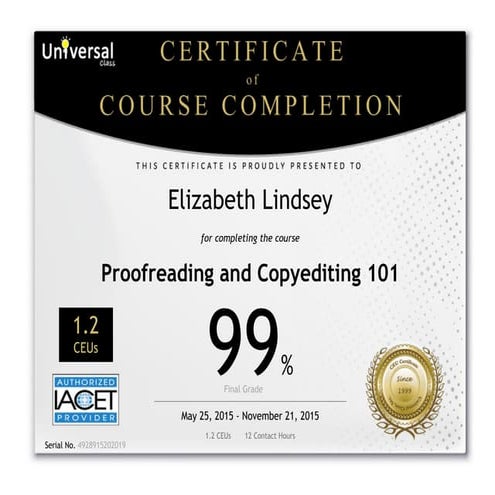 Certificate of Completion - Proofreading and Copyediting 101 | PPT