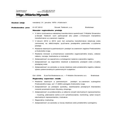 Mario Hynek - Profesny zivotopis | DOCX