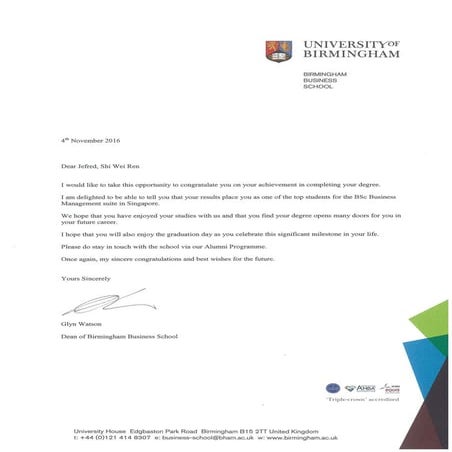 Dean's List Letter - University of Birmingham | PDF