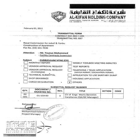 2.) QC MANAGER APPROVAL - ROYAL COMMISSION PROJECT FOR JUBAIL | PDF