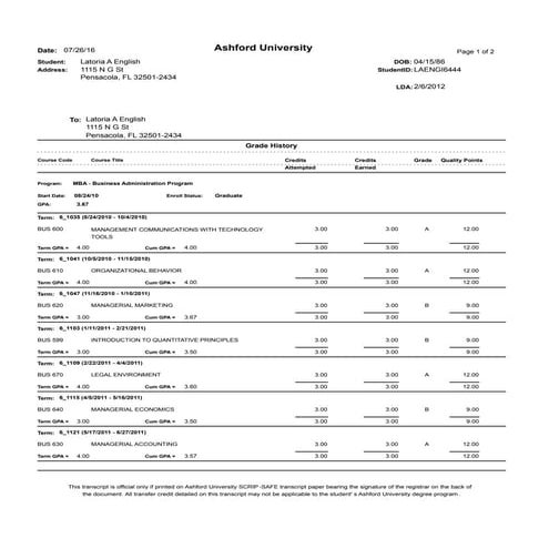 Ashlee Ashford University TRANSCRIPT | PDF