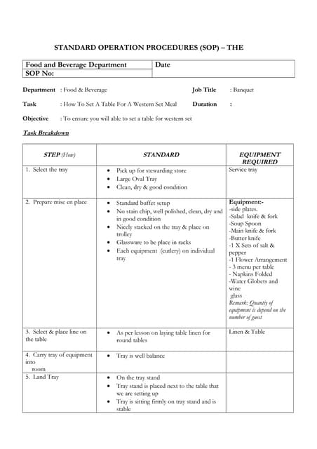 Fnb standard of table set up | PDF | Food & Drink