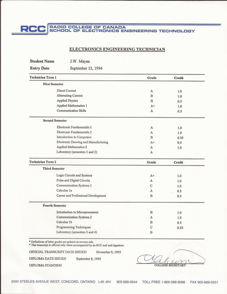transcript RCC Electronics Engineering Technician