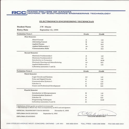 transcript RCC Electronics Engineering Technician | PDF