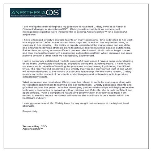 CEO Recommendation Letter- AnesthesiaOS | PDF