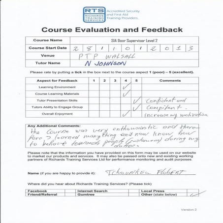 Tutor Feedback forms DS Training 28-31 Oct 13 | PDF