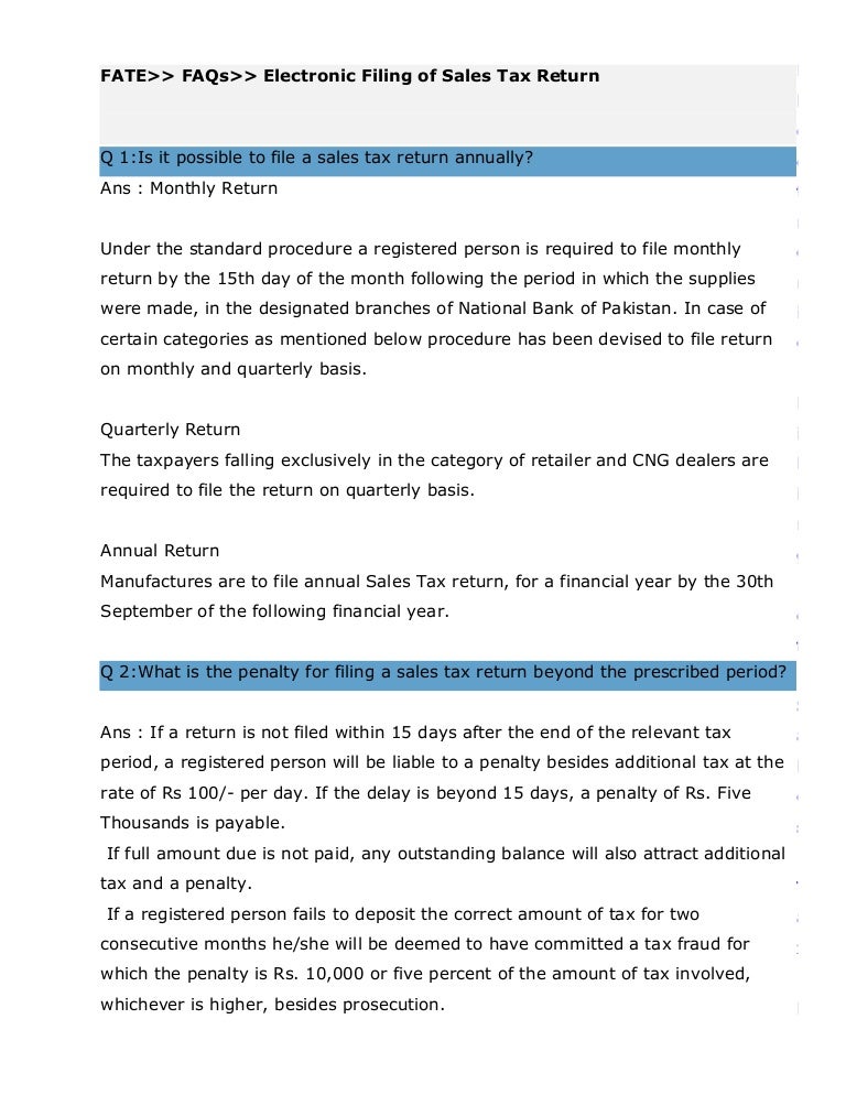 Fbr faq's may 2011 electronic filing of sales tax return