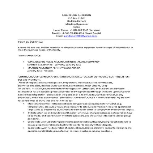 PAUL DELROY ANDERSON Resume | PDF