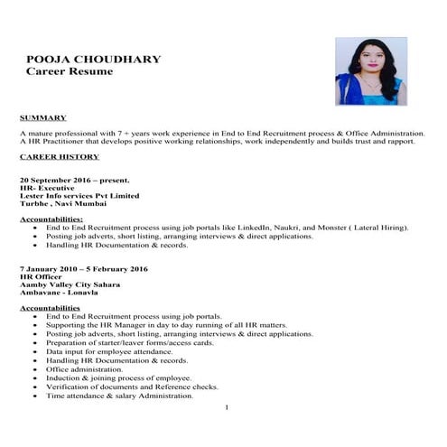 career resume of pooja choudhary | DOC