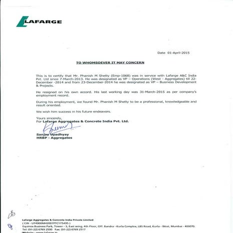 Lafarge Experience Letter_100415 | PDF