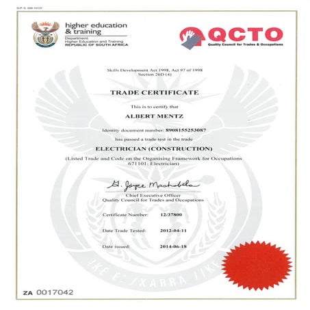ALBERT MENTZ - SECTION 13 ELECTRICIAN CERTIFICATE | PDF