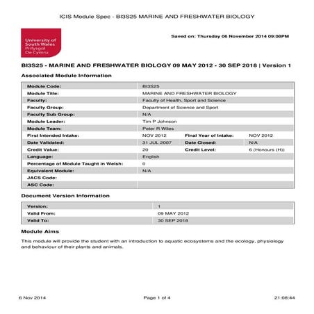 ICIS Module Spec - BI3S25 MARINE AND FRESHWATER BIOLOGY | PDF