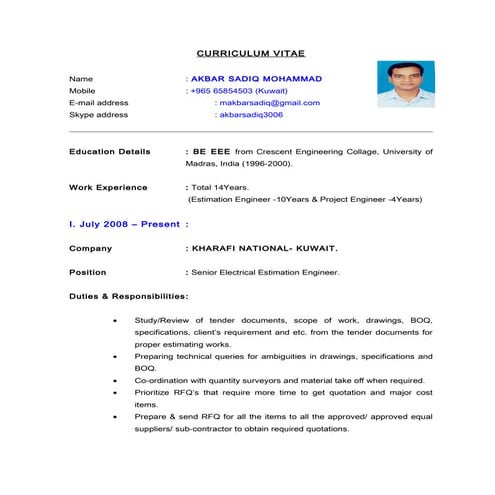 CV - Electrical Estimation Engineer | DOC