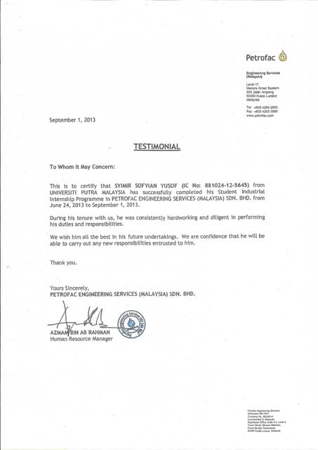 PETROFAC INTERNSHIP CERTIFICATE | PDF
