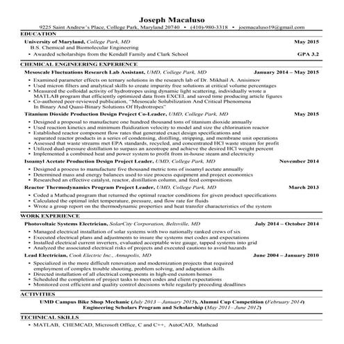 Chemical Engineering Resume | PDF