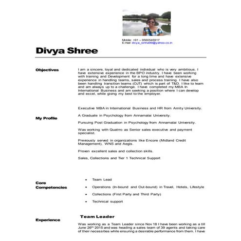 Resume - Divya Shree | DOCX | Business Administration | Business