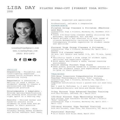 Lisa Day Pilates Resume | DOCX