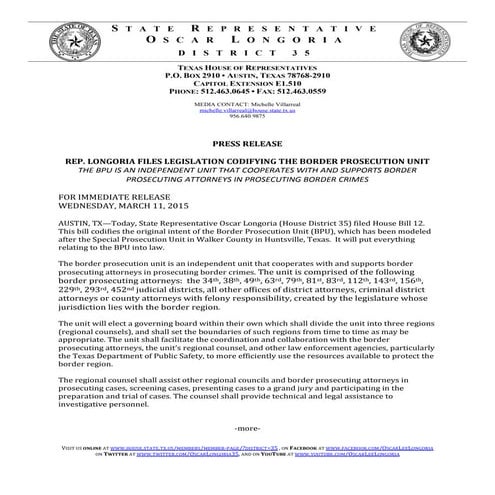Press Release - LONGORIA FILES LEGISLATION CODIFYING THE BORDER ...