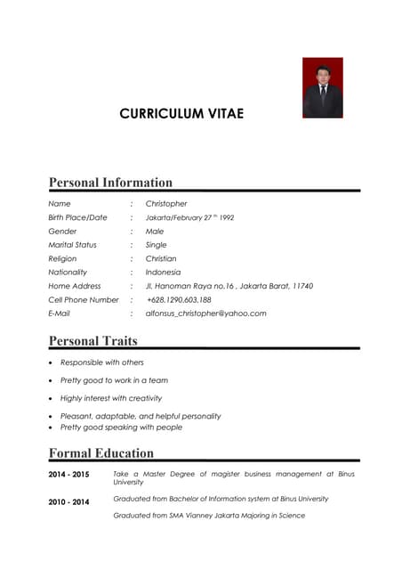 Curriculum Vitae Sample Format | PDF