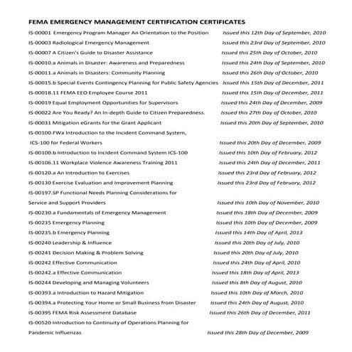 FEMA EMERGENCY MANAGEMENT CERTIFICATION CERTIFICATES LIST | DOCX