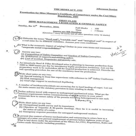 First class mine manager exam (UR) legislation question papers 2002-10 ...