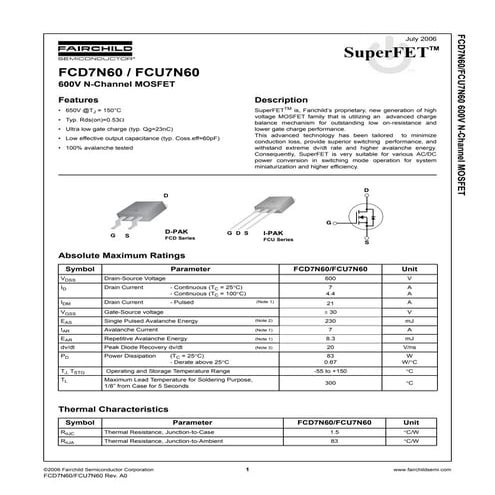 Original N-CHANNEL MOSFET FCD7N60 7N60 TO-252 7A 600V New | PDF