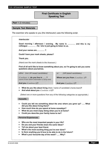 Pt3 speaking sample test examiner booklet | PDF | Resume Writing and ...