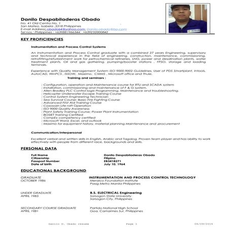 Danilo Obado resume June 2016 | DOC