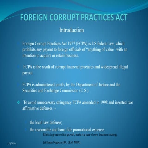 Foreign Corrupt Practices Act | PPSX | Business Accounting & Finance | Business