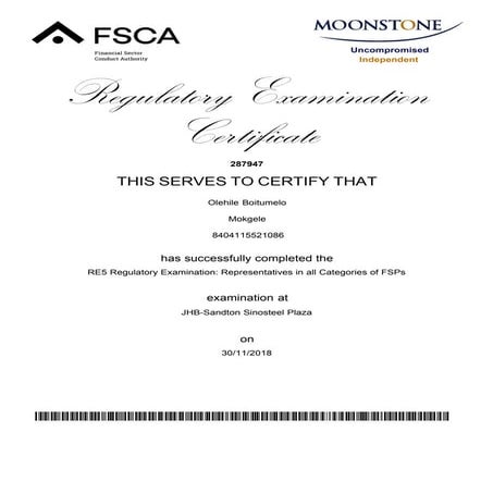 FCSA RE5 Certificate - Mr OB Mokgele | PDF