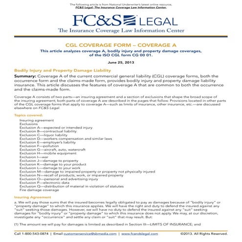CGL Coverage Form -- Coverage A (from FC&S Legal: The Insurance ...