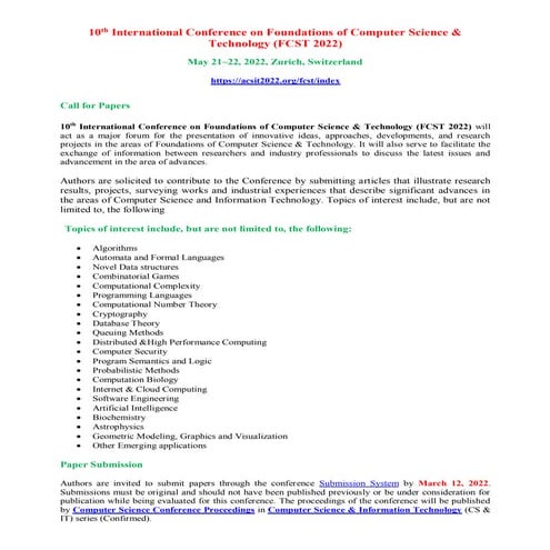 10th International Conference on Foundations of Computer Science & Technology (FCST 2022) | PDF ...