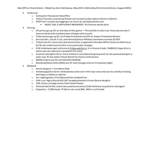 Box Office Cheat Sheet - St. Paul Saints | PDF